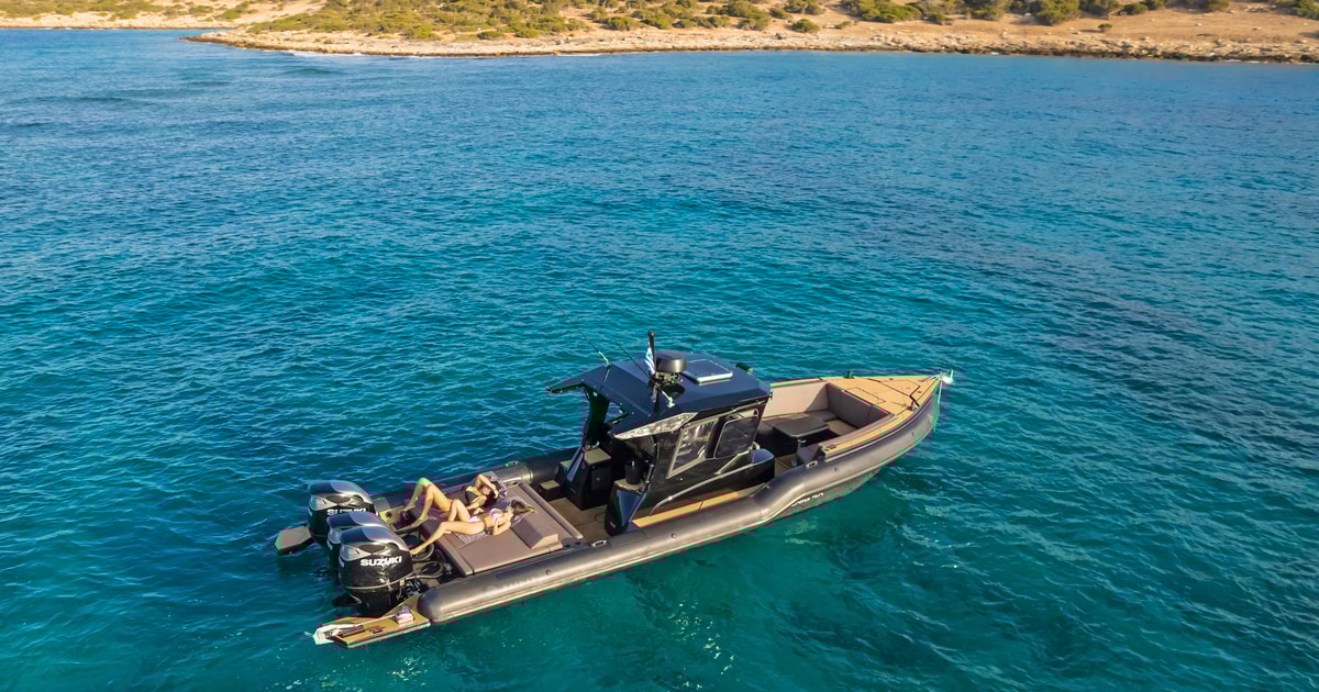 Mykonos Private full day cruise with a Rafnar 1200 T-Top | GetYourGuide