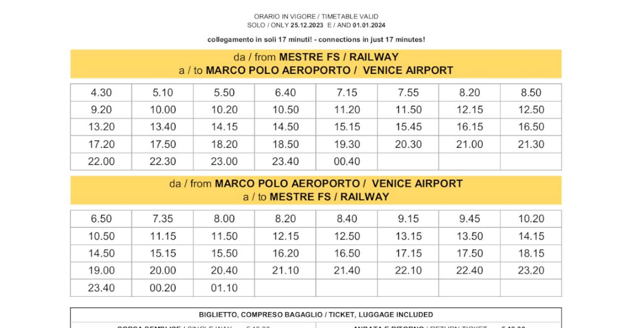 Marco Polo Airport to/from Mestre Train Station, Express Bus ...